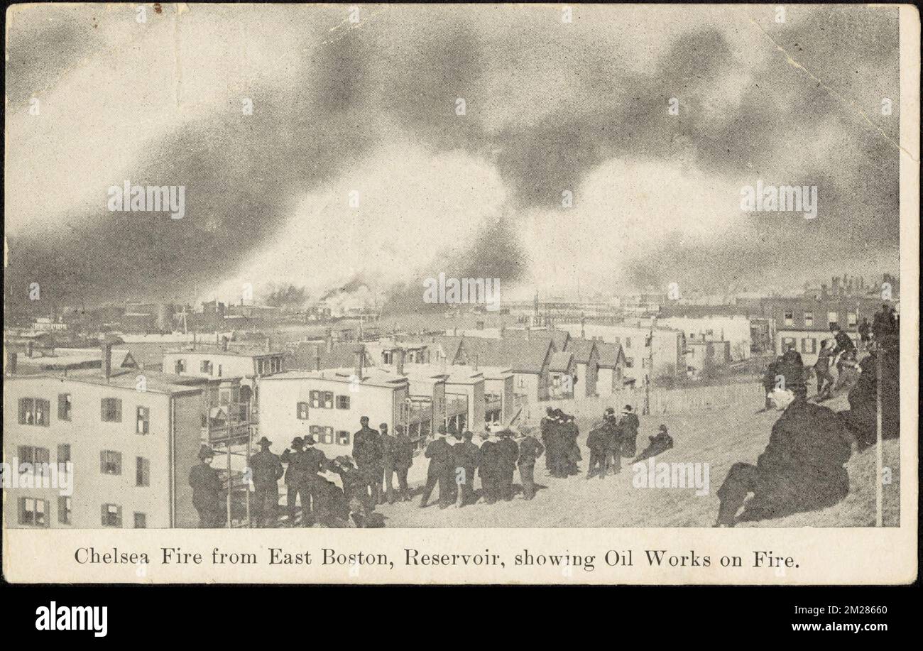 Chelsea Fire from East Boston, reservoir, showing Oil Works on fire ...