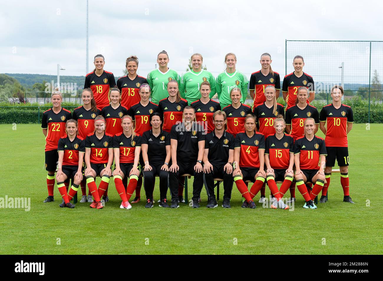 Belgium's Laura De Neve, Belgium's Sara Yuceil, Belgium's goalkeeper ...