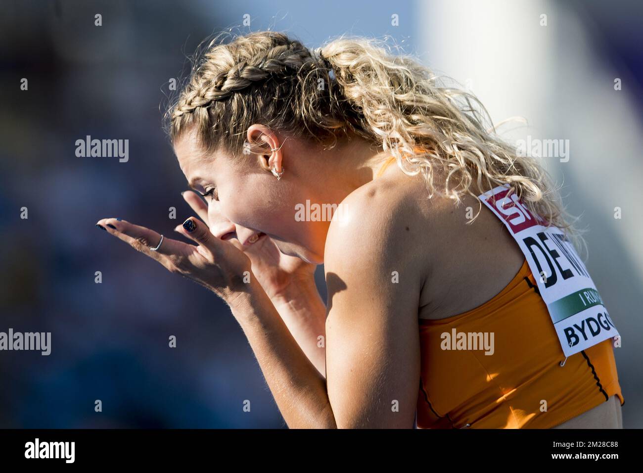 Dutch Laura De Witte celebrates after winning the bronze medal at the ...