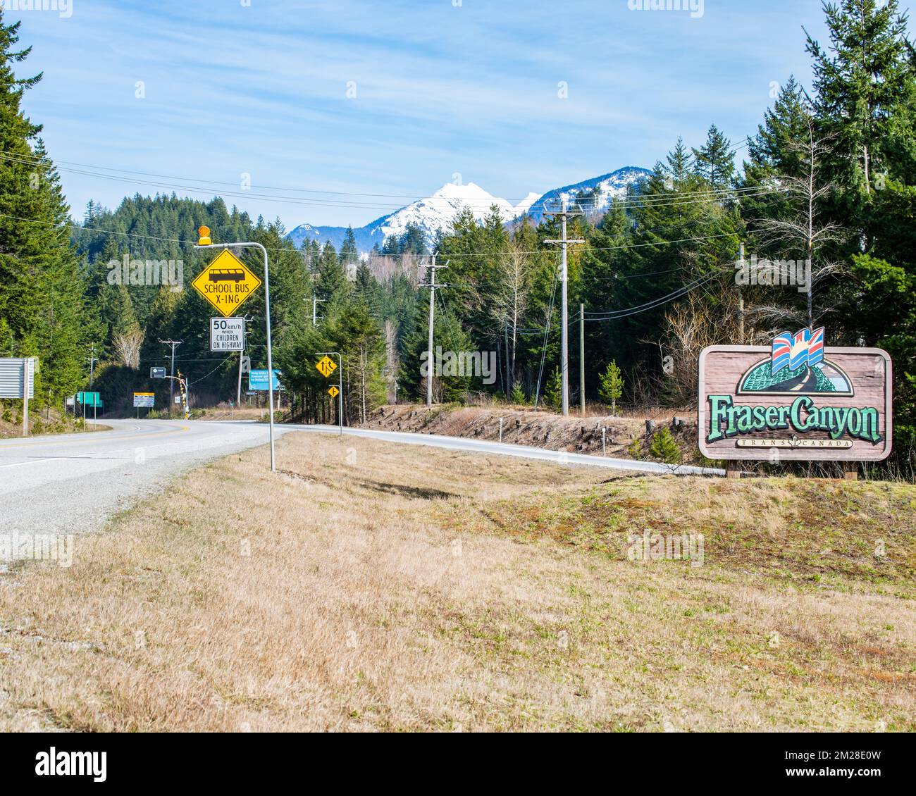 Fraser Canyon sign at the entrance to the Trans Canada Highway in Hope ...