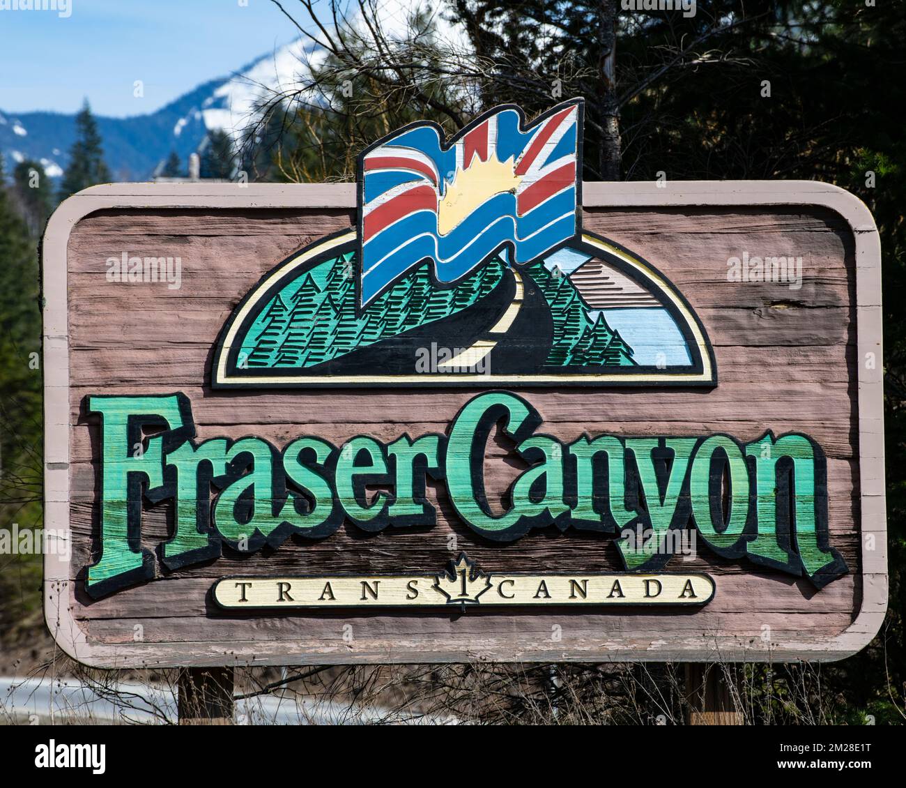 Fraser Canyon sign at the entrance to the Trans Canada Highway in Hope ...