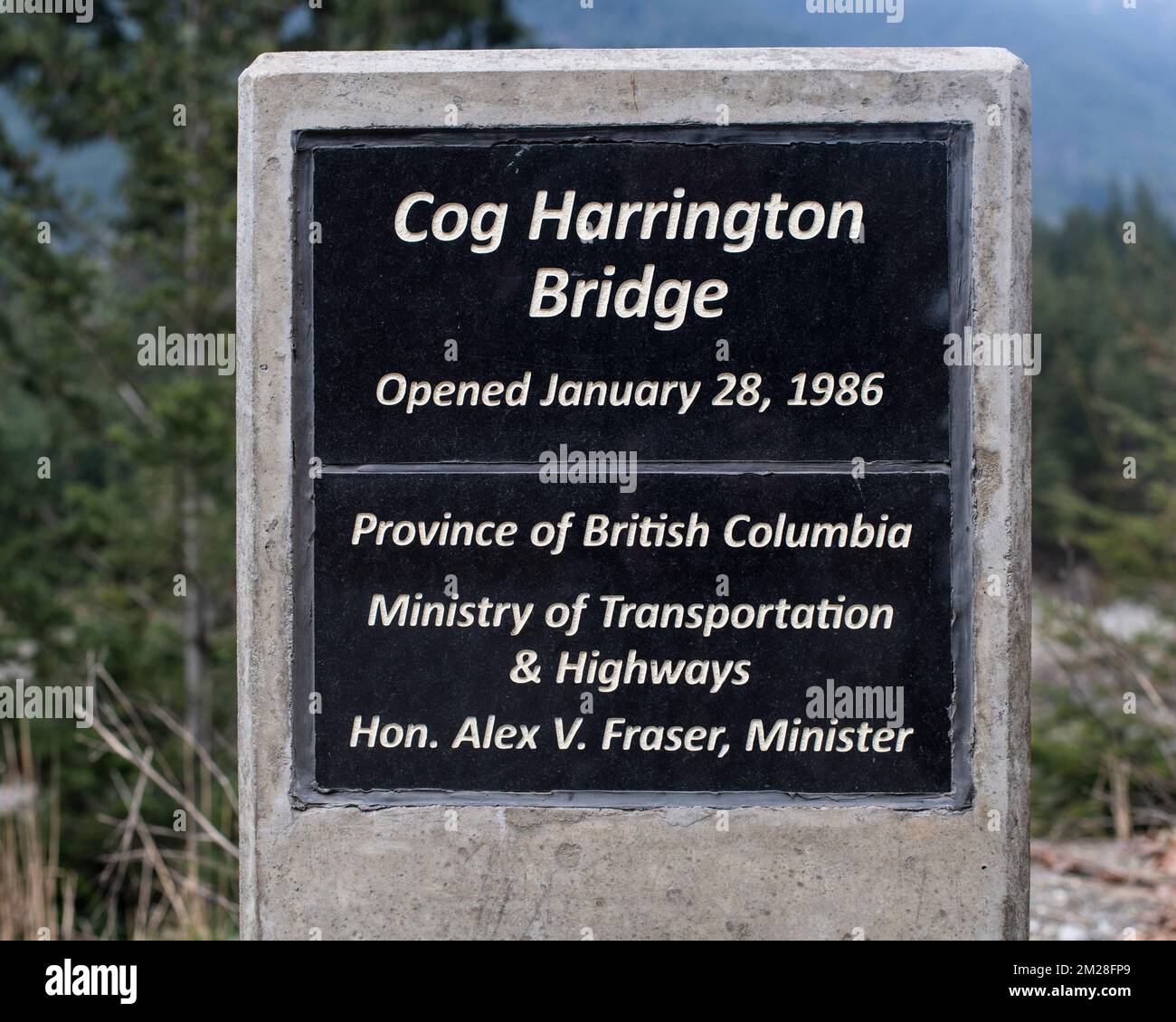 Sign of the Cog Harrington Bridge that spans the Fraser River between ...