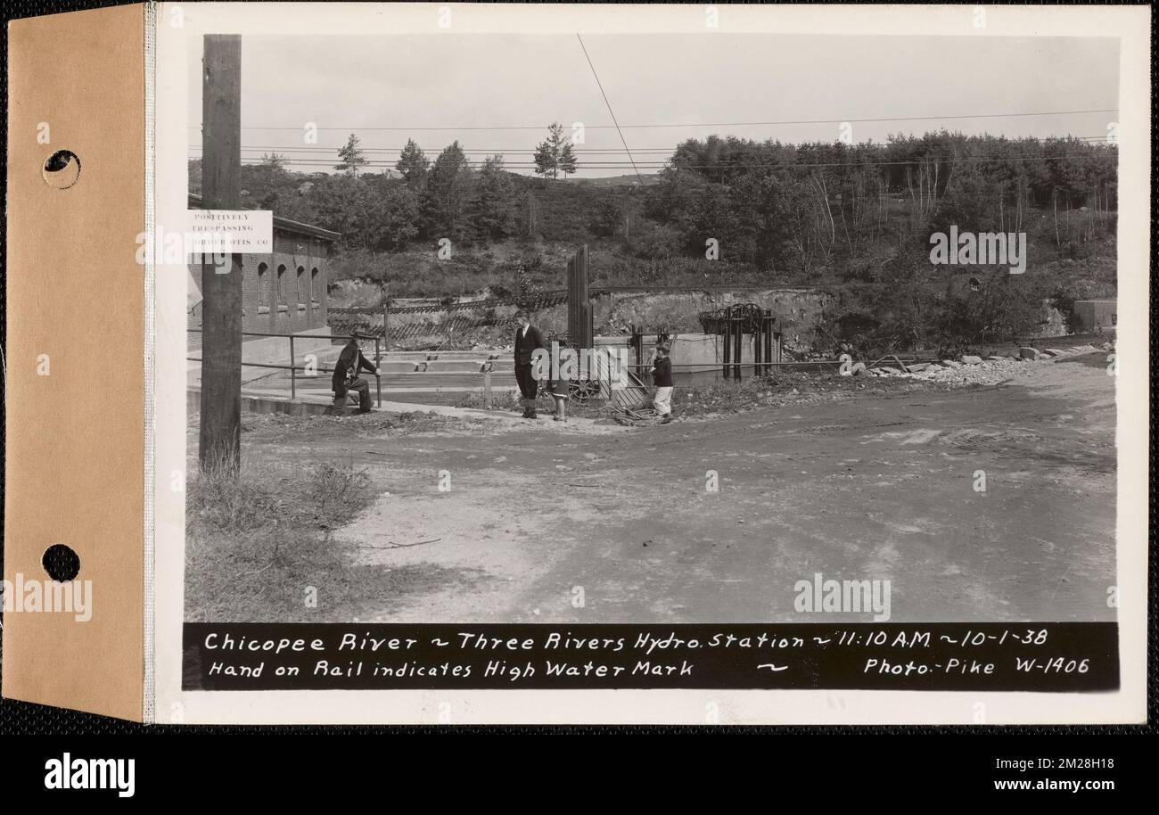 Chicopee River, Three Rivers hydroelectric station, hand on rail ...