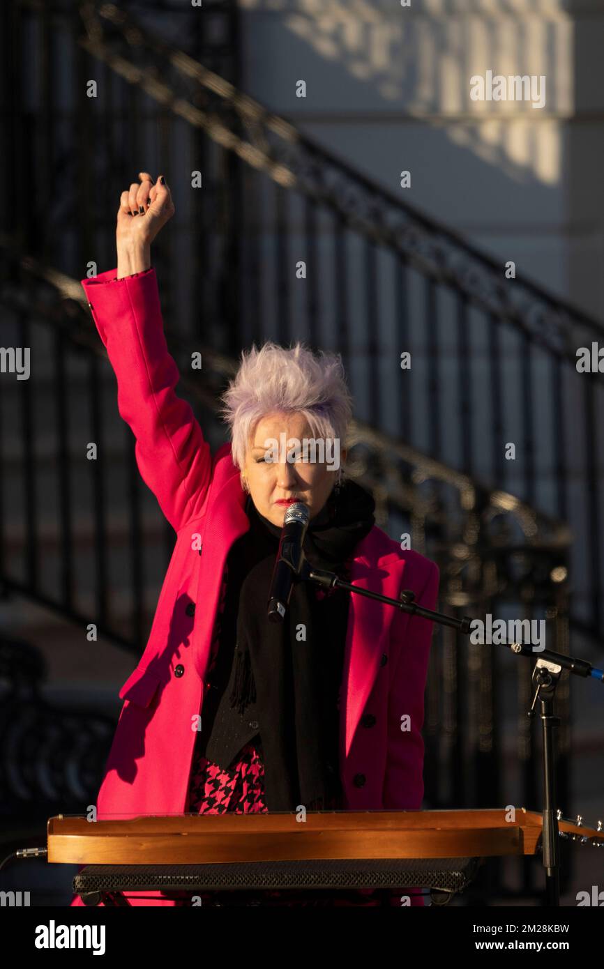Singer Cyndi Lauper performs in a ceremony with US President Joe Biden ...