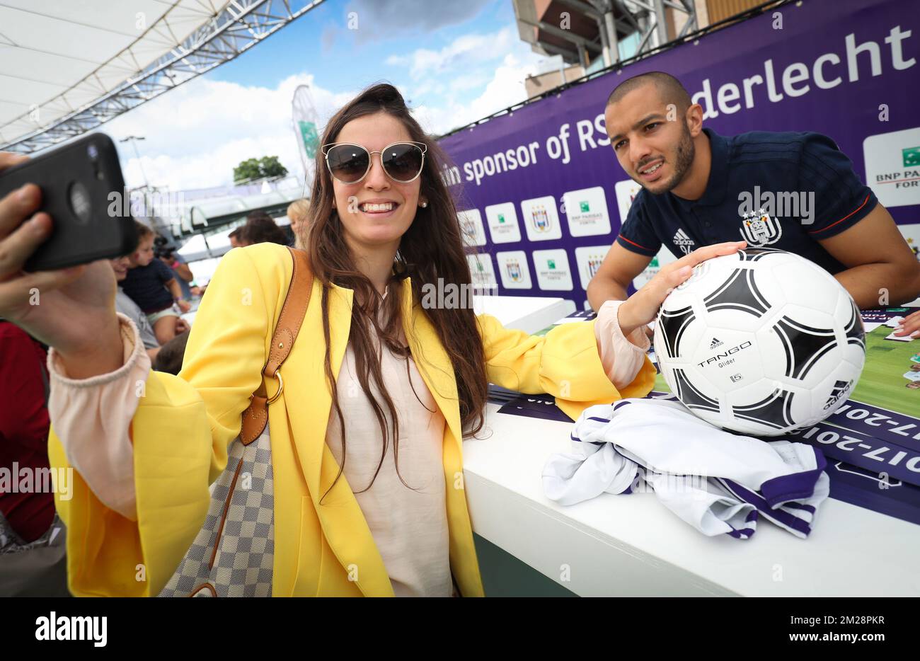 Anderlecht's Sofiane Hanni makes a selfie during the fan day of soccer ...
