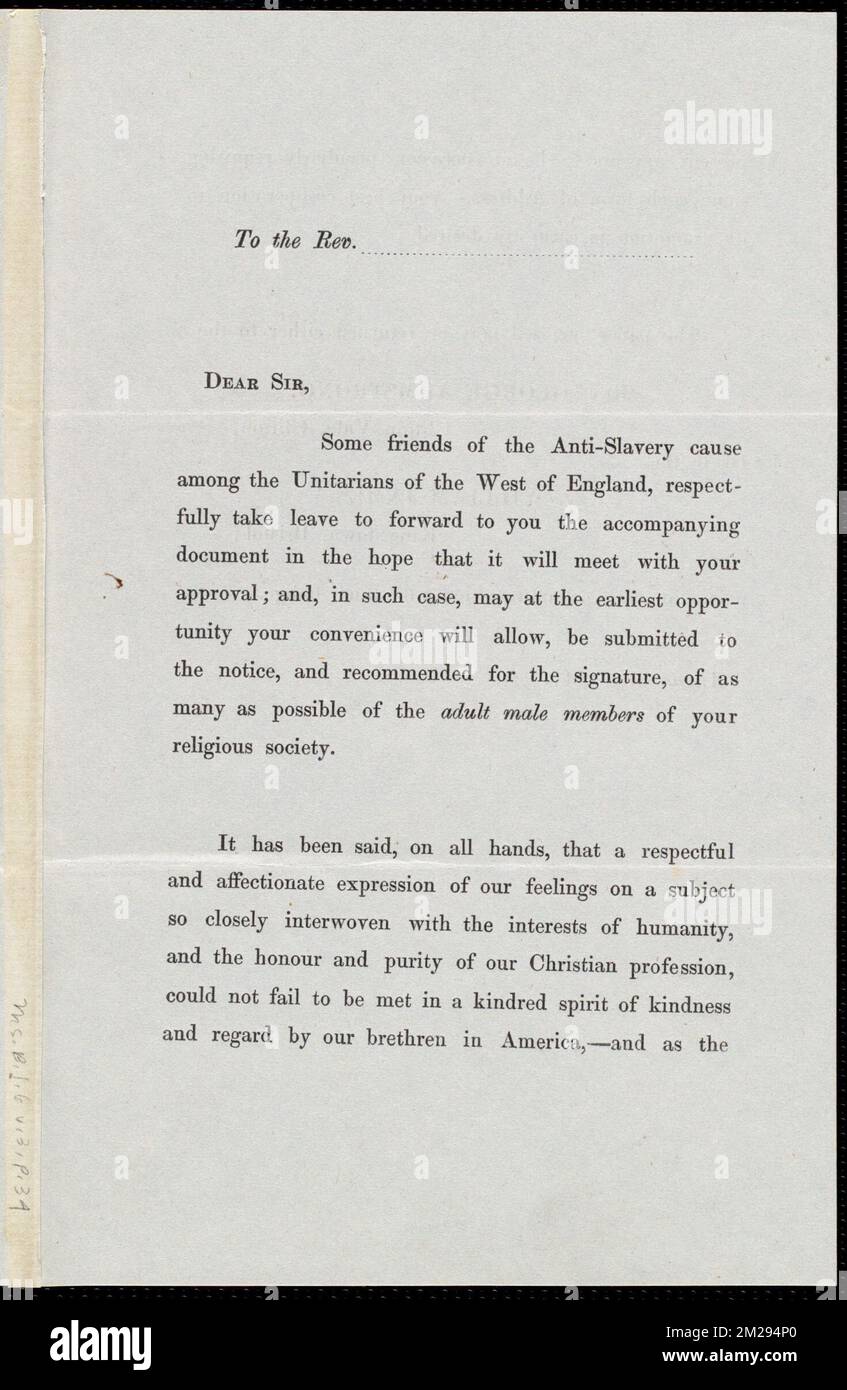 Circular letter from the Unitarians of the west of England to Samuel May, Bristol, August 1st ...