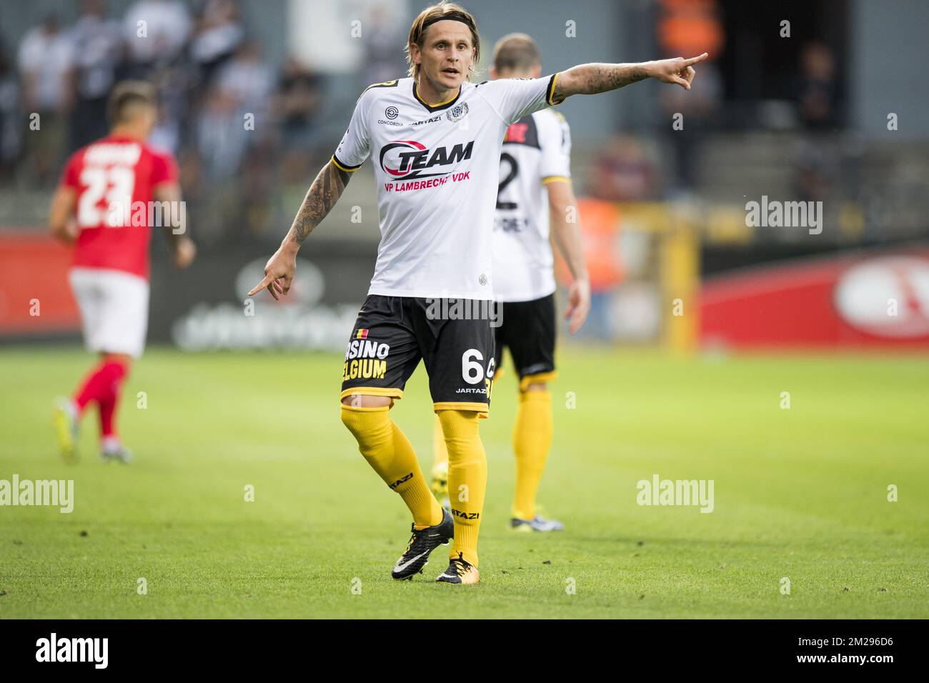 Lokeren's Ari Freyr Skulason reacts during the Jupiler Pro League match ...