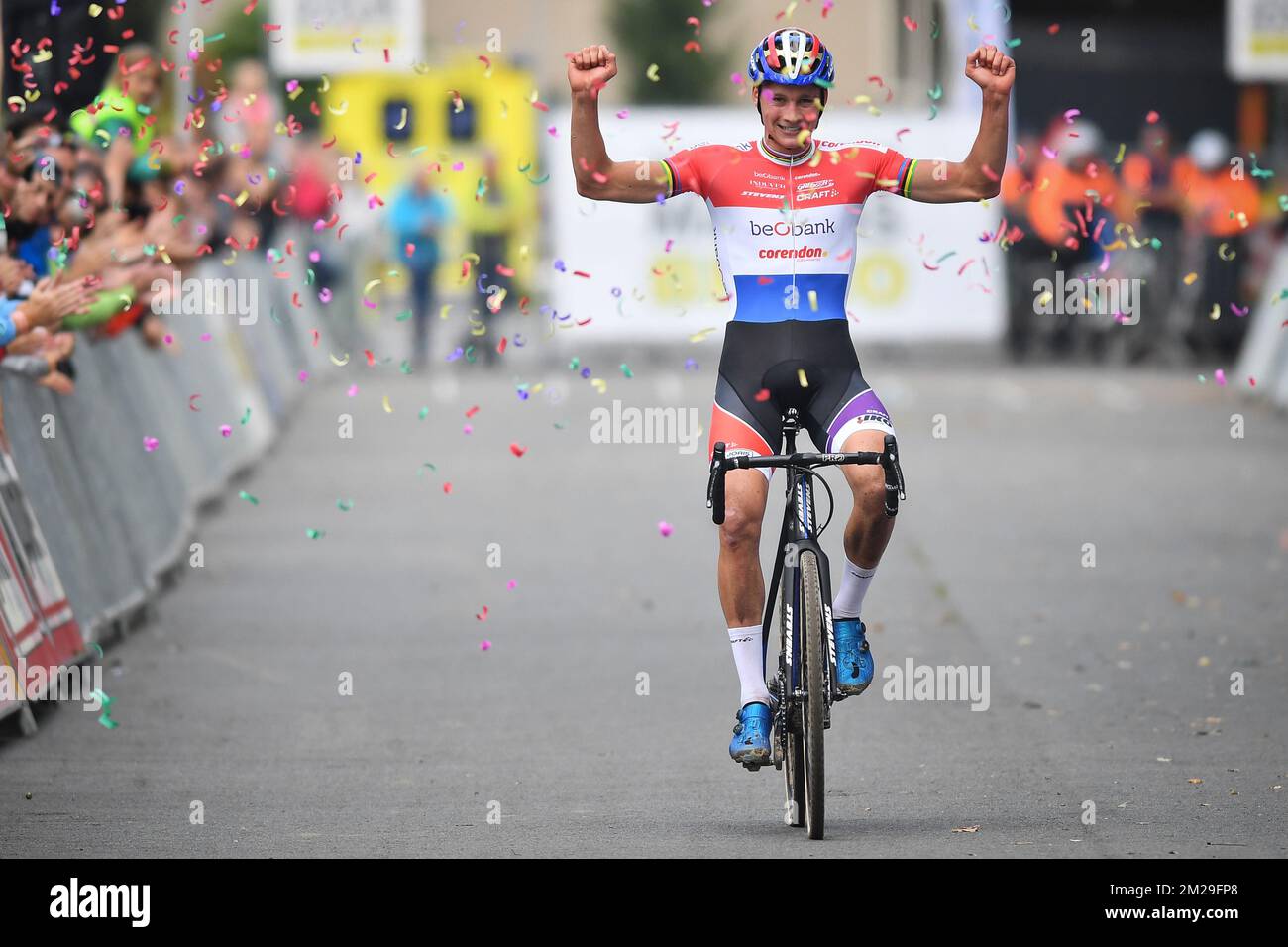 Dutch Mathieu Van Der Poel celebrates as he crosses the finish line to ...