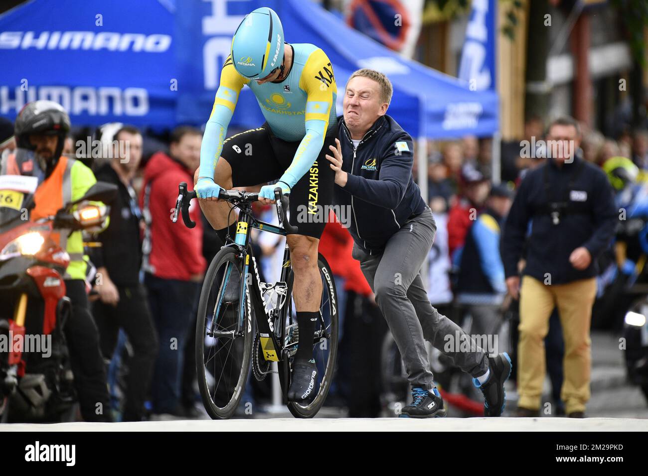 Kazakh Alexey Lutsenko pictured in action in the bike change zone ...