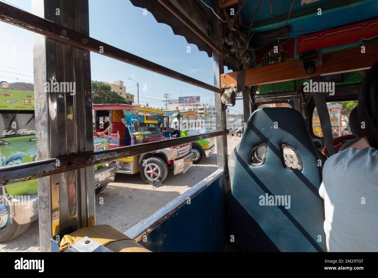 Colombian Native And Cultural Bus Named Chiva Viewed Inside Stock