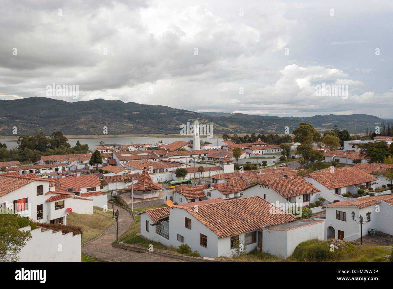 Guatavita colombian town cityscape with white structure, red ceramic ...