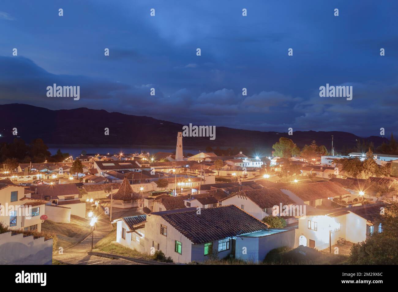 Colombian Guatavita colonial town night cityscape with colonial ...