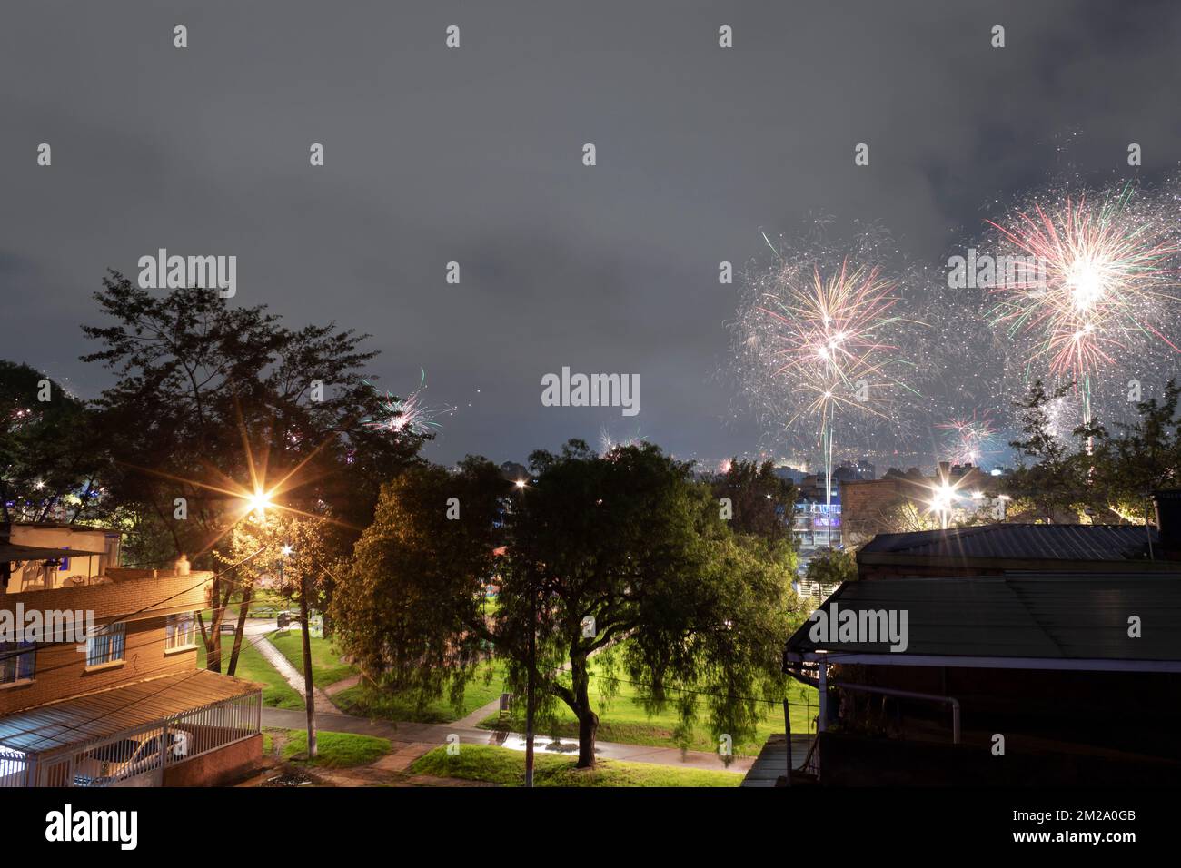 New year's fireworks celebrations at Latin american downtown suburb ...