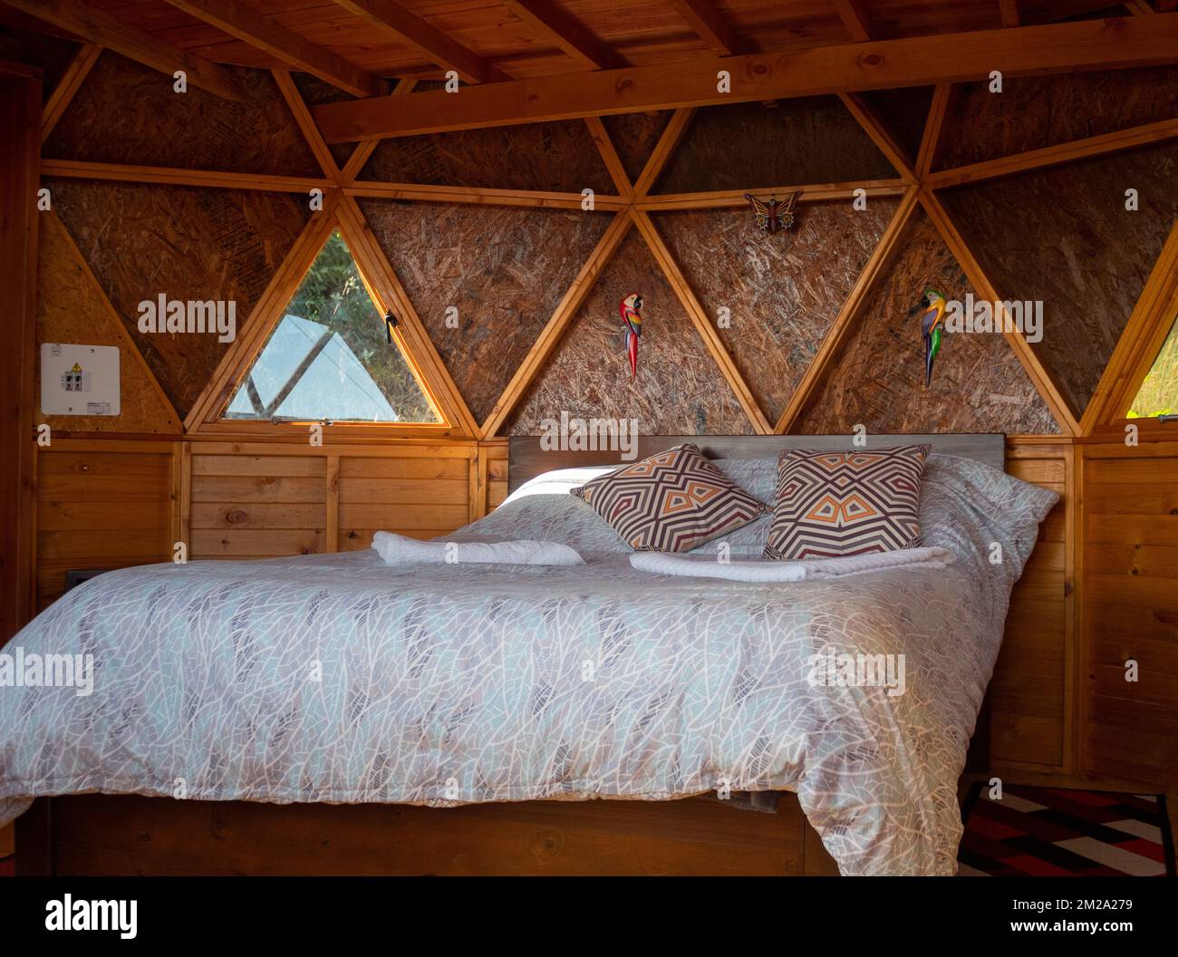 Beautiful inside view of wood glamping bed with triangular windows ...