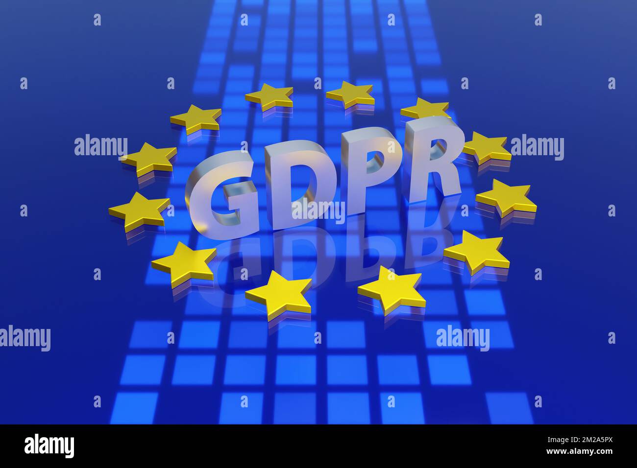 A ring of golden stars and four letters GDPR on blue digital blocky ...