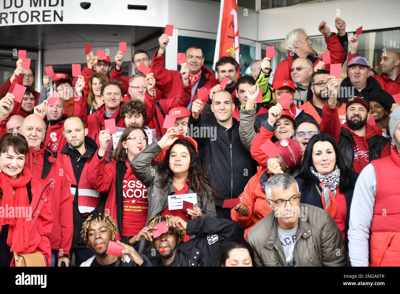 Illustration picture shows picket line with red card during a general ...