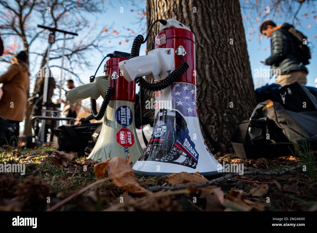 Megaphones are seen at a rail union rally near the U.S. Capitol in ...