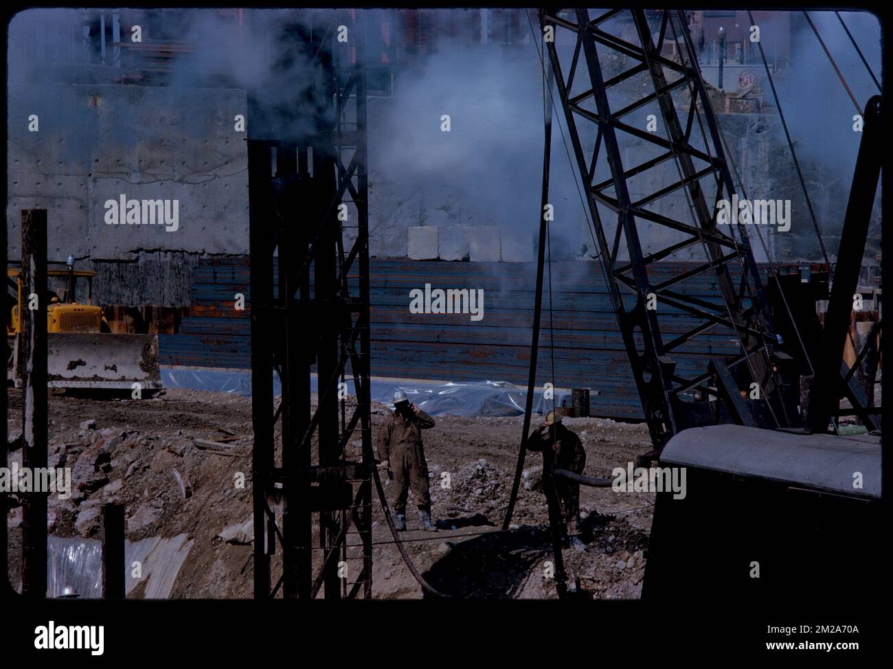 Clouds of smoke at construction site, Boston , Construction workers ...