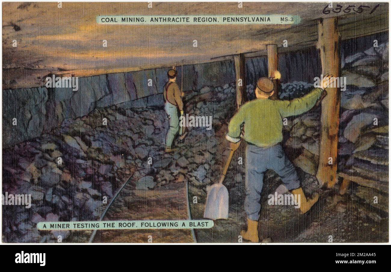 Coal mining, Anthracite Region, Pennsylvania. A miner testing the roof ...