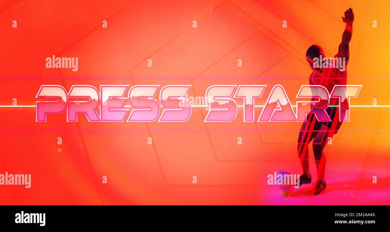 Illuminated press start text and lines over african american rugby ...