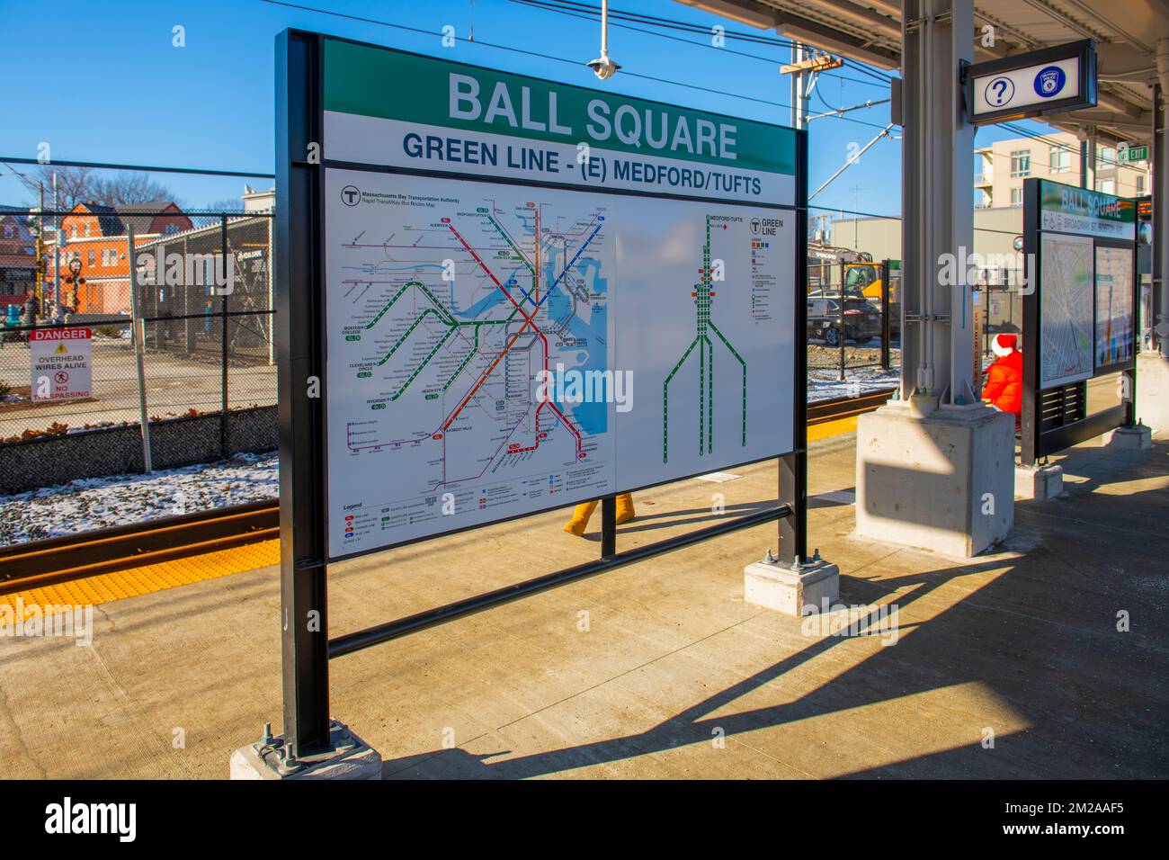 Sign and map of MBTA Green Line Ball Square station in city of Medford ...
