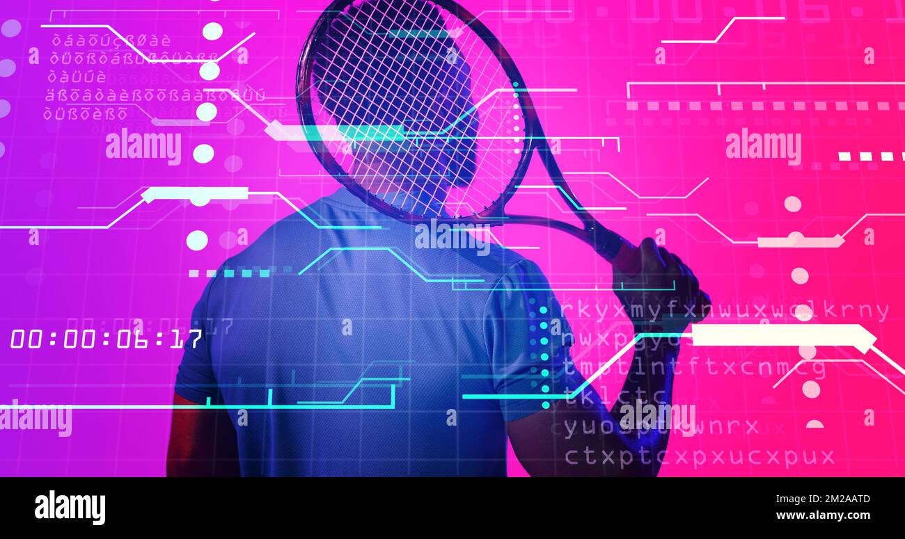 Rear view of african american tennis player holding racket over ...