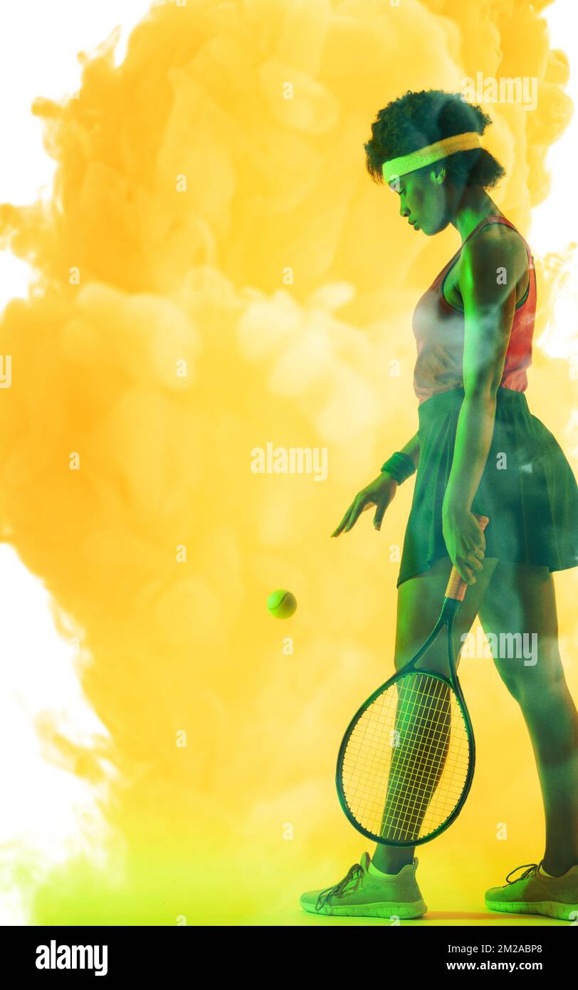 Side view of african american female tennis player with ball and racket ...