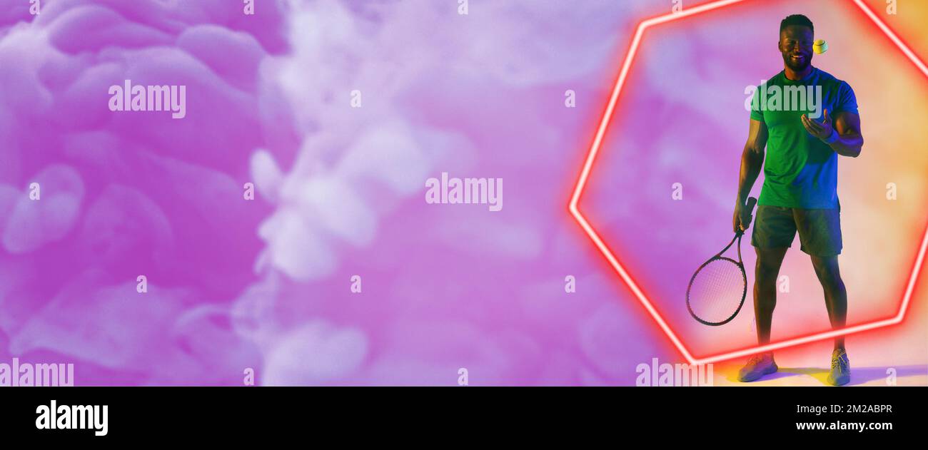 Hexagon over african american male tennis player with ball and racket ...