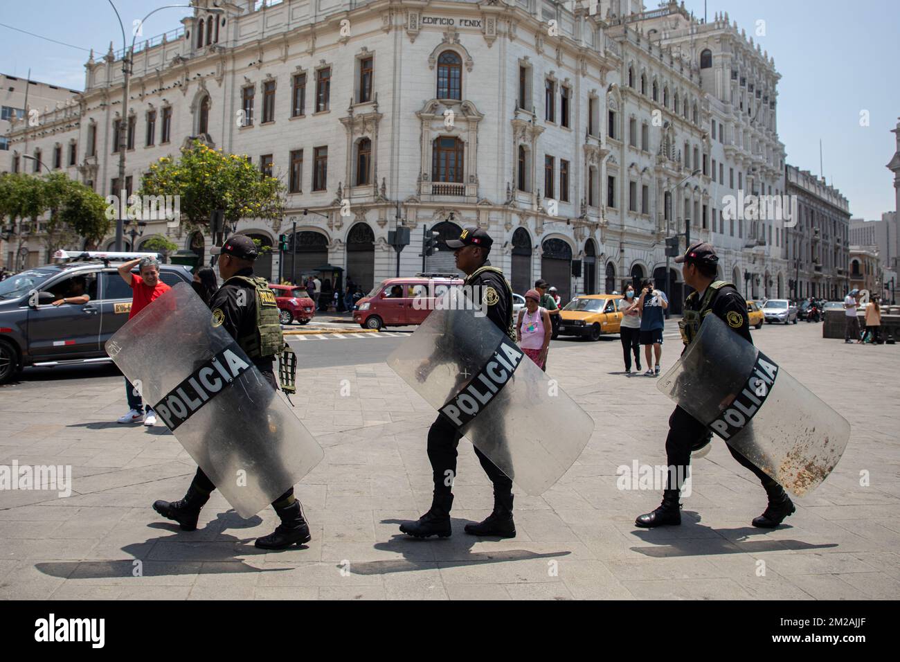 Lima, Peru. 13th Dec, 2022. Police officers patrol the historic center ...
