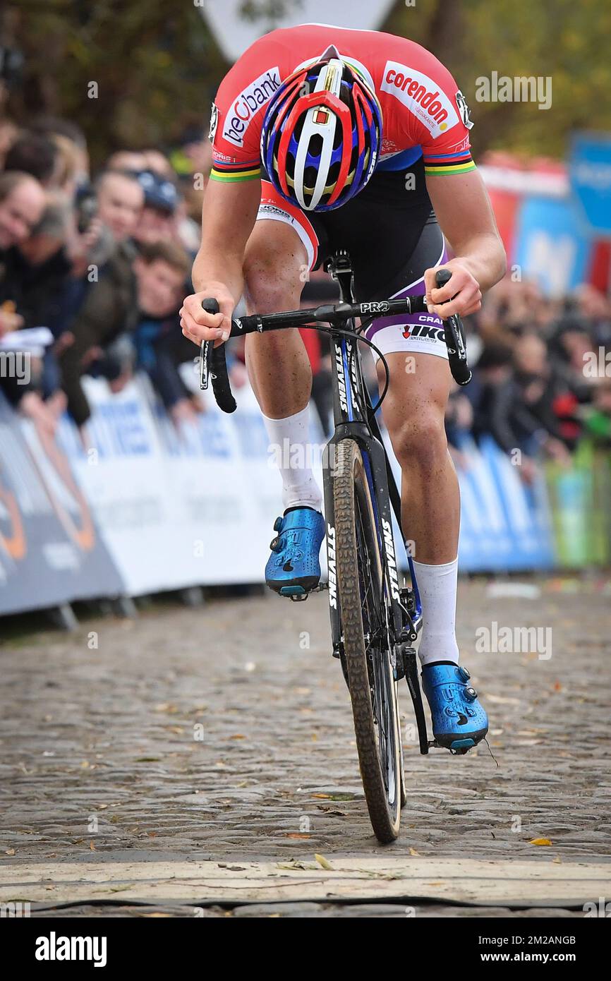 Dutch Mathieu Van Der Poel crosses the finish line at the men's race ...
