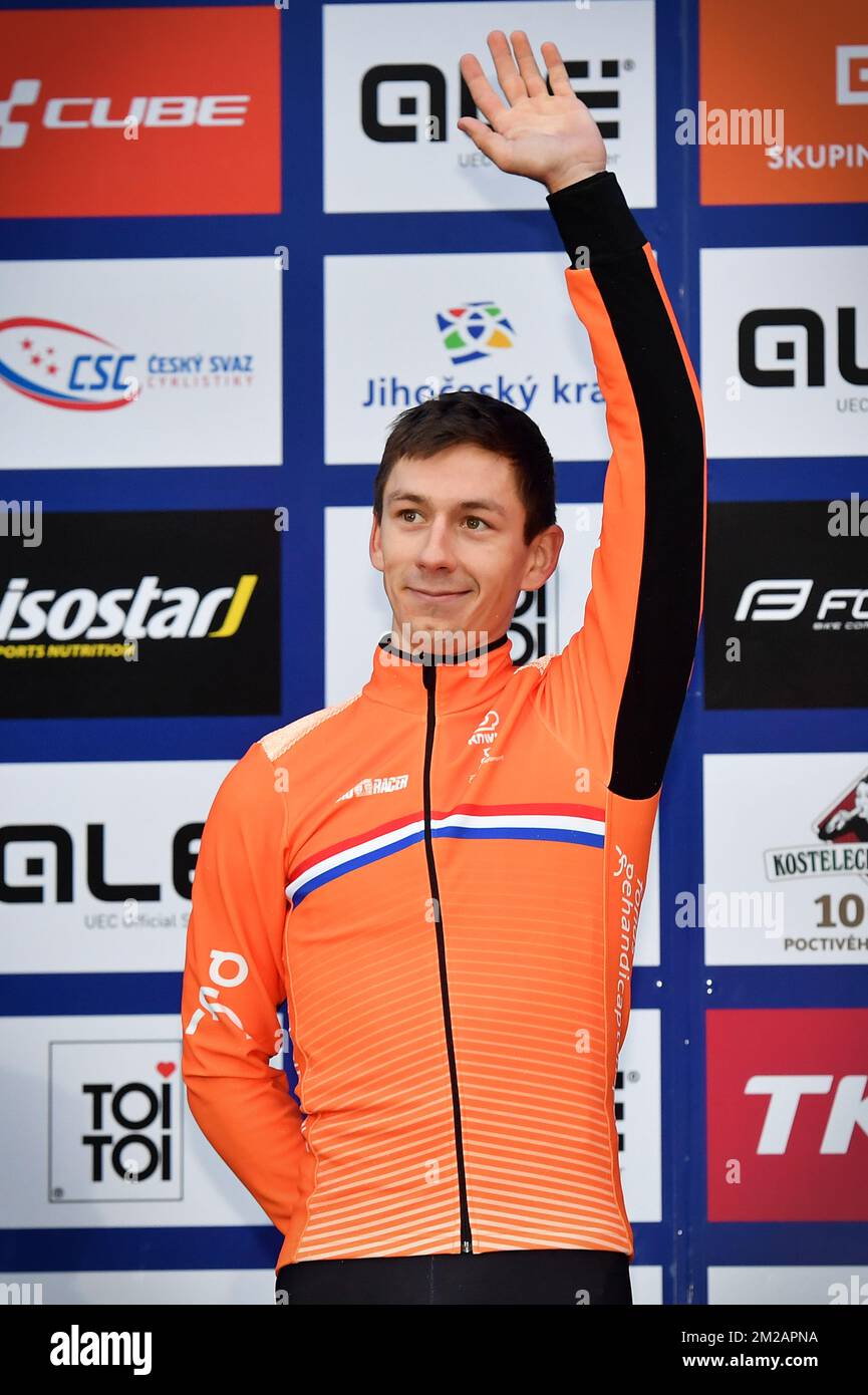 Dutch Lars Van Der Haar celebrates on the podium after the men elite ...
