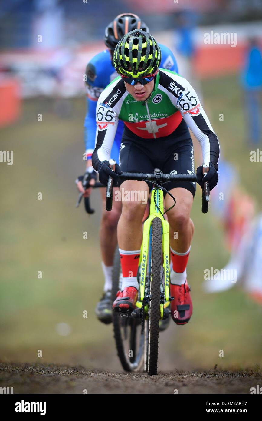 Swiss Loris Rouiller pictured in action during the junior race at the ...