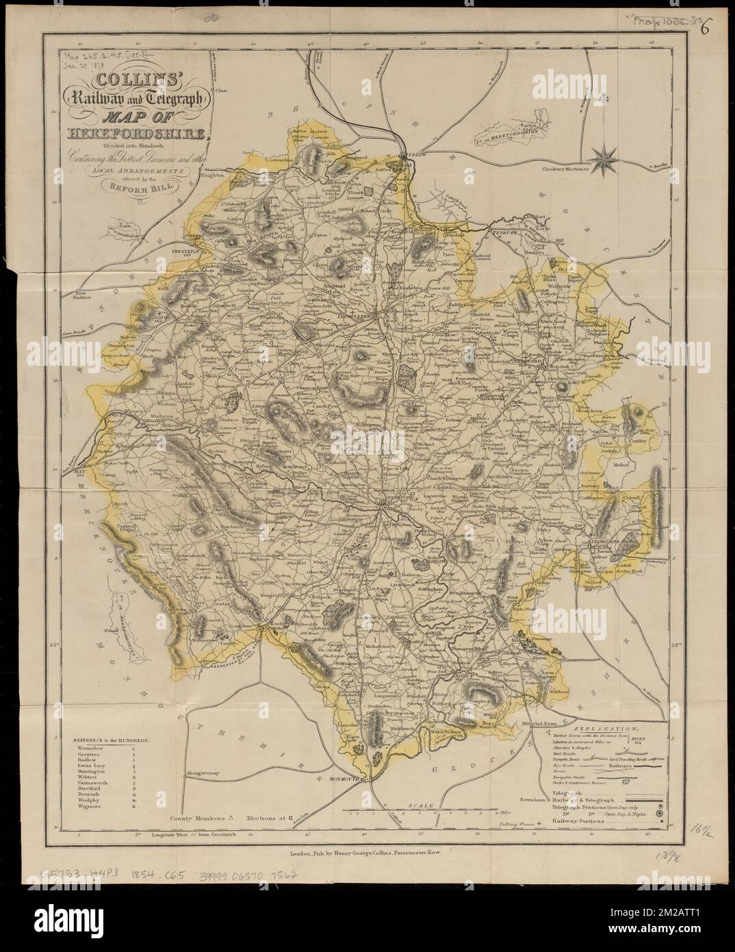 Collins' railway and telegraph map of Herefordshire, divided into ...