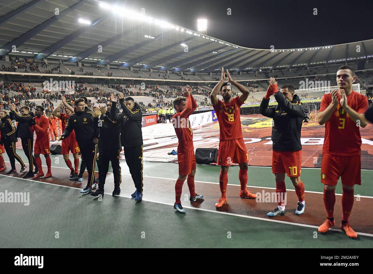 Belgium's players thank the fans after a friendly soccer game between ...
