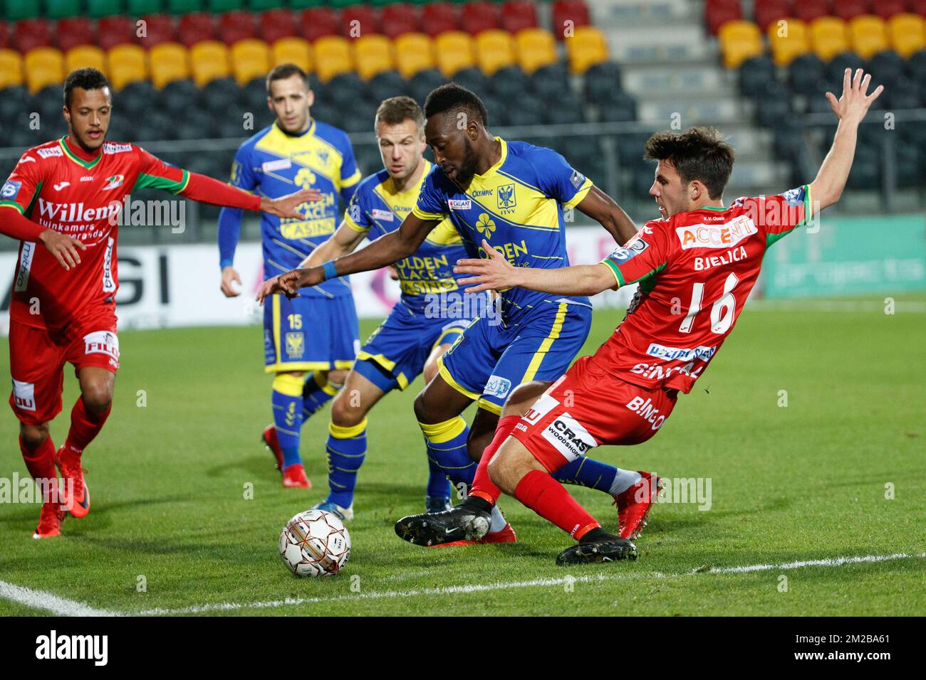 Oostende's Richairo Zivkovic, STVV's Yohan Boli and Oostende's ...