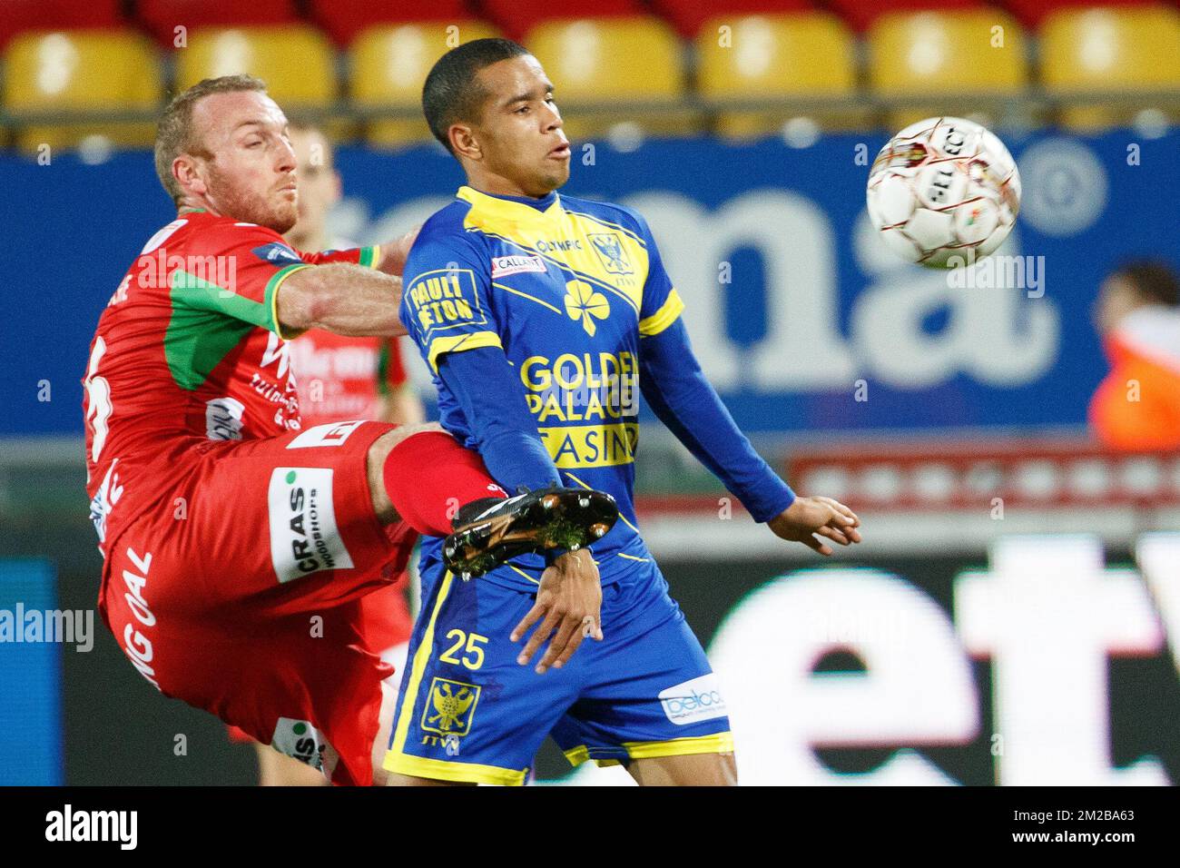Oostende's Kevin Vandendriessche and STVV's Stelios Kitsiou fight for ...