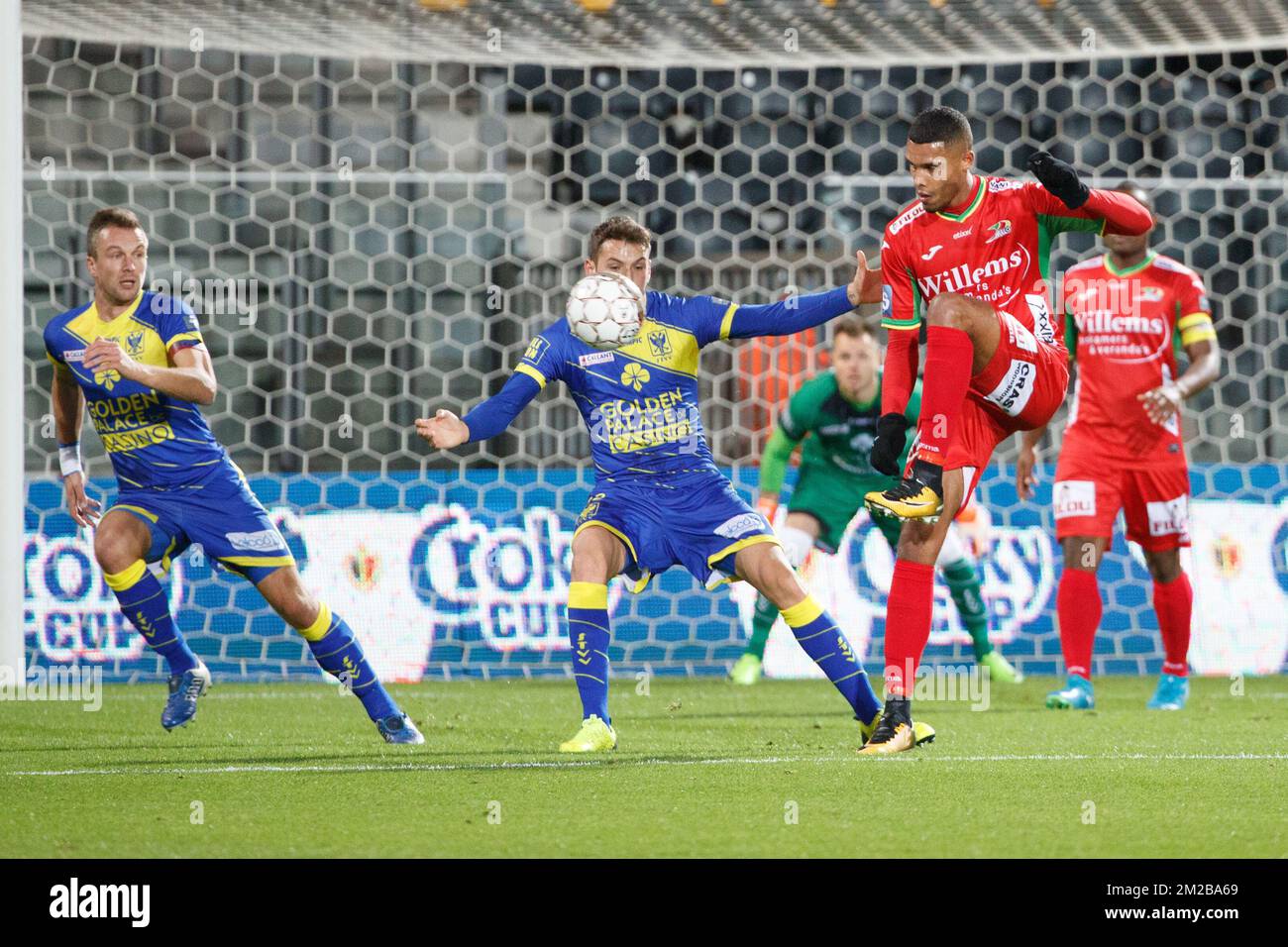 STVV's Sergio Ayala and Oostende's Zinho Gano fight for the ball during ...