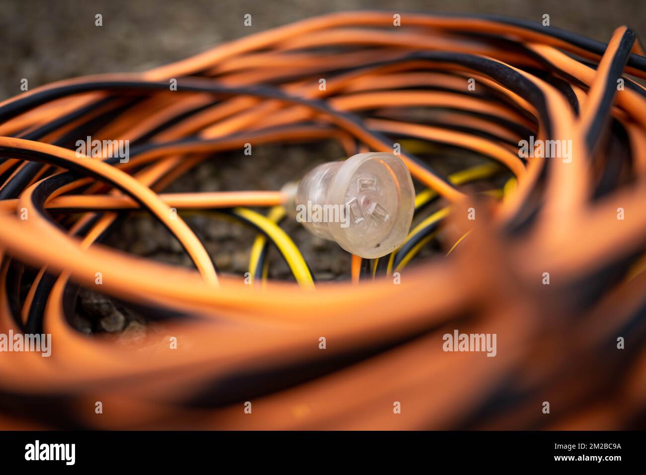 extension cord wrapped up on the ground. extension lead, power lead on ...