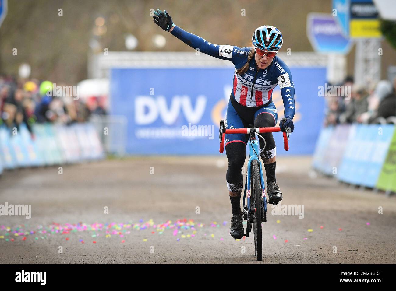 US Katie Compton crosses the finish line at the women race of the ...