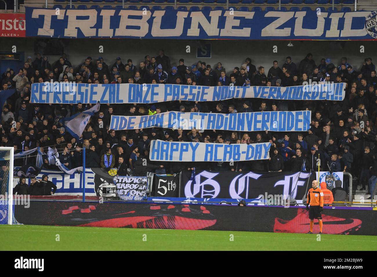 Illustration picture shows a banner action of Genk fans at a Croky Cup ...