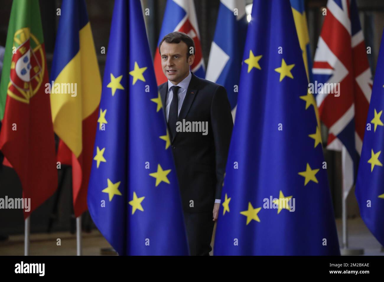 President of France Emmanuel Macron arrives at an EU summit meeting ...
