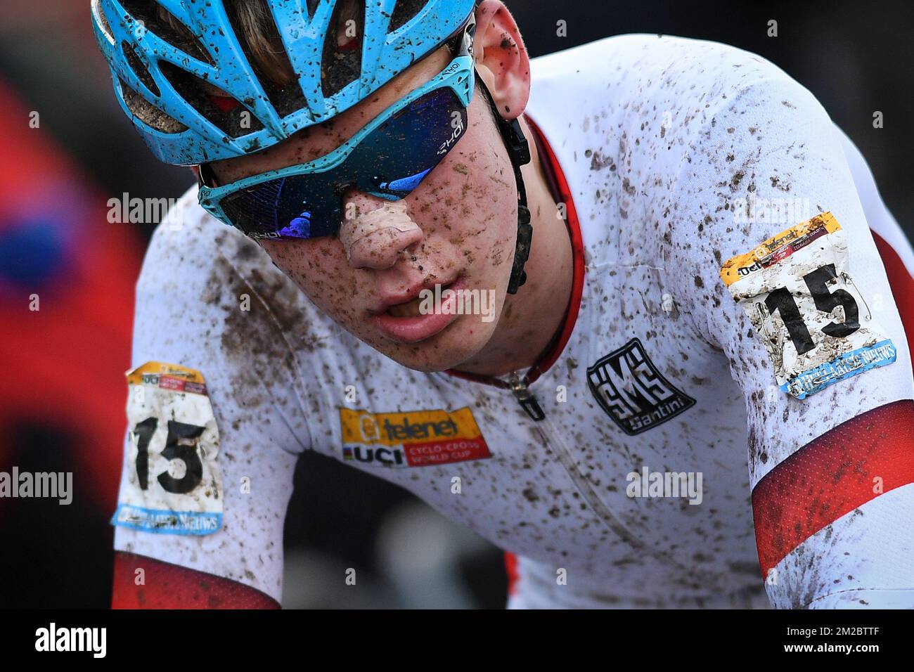 Dutch Pim Ronhaar crosses the finish line at the men junior race of the ...