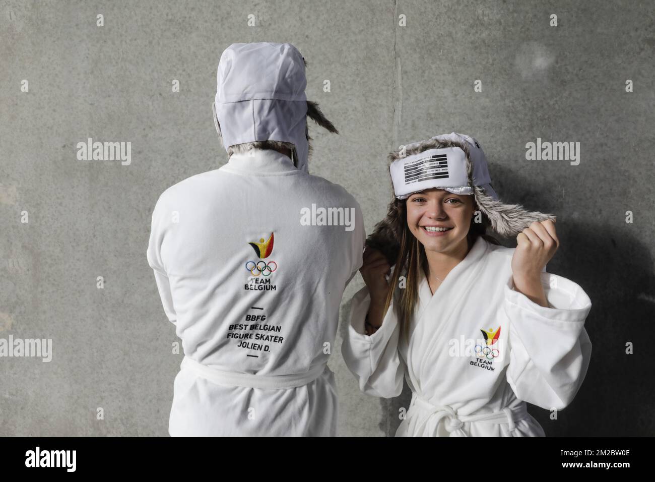 Belgian figure skaters Jorik and Loena Hendrickx pose during a press ...