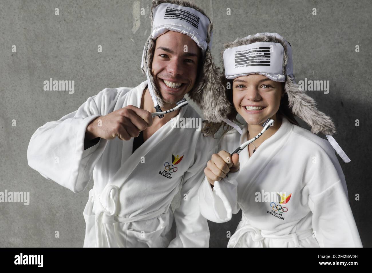 Belgian figure skaters Jorik and Loena Hendrickx pose during a press ...