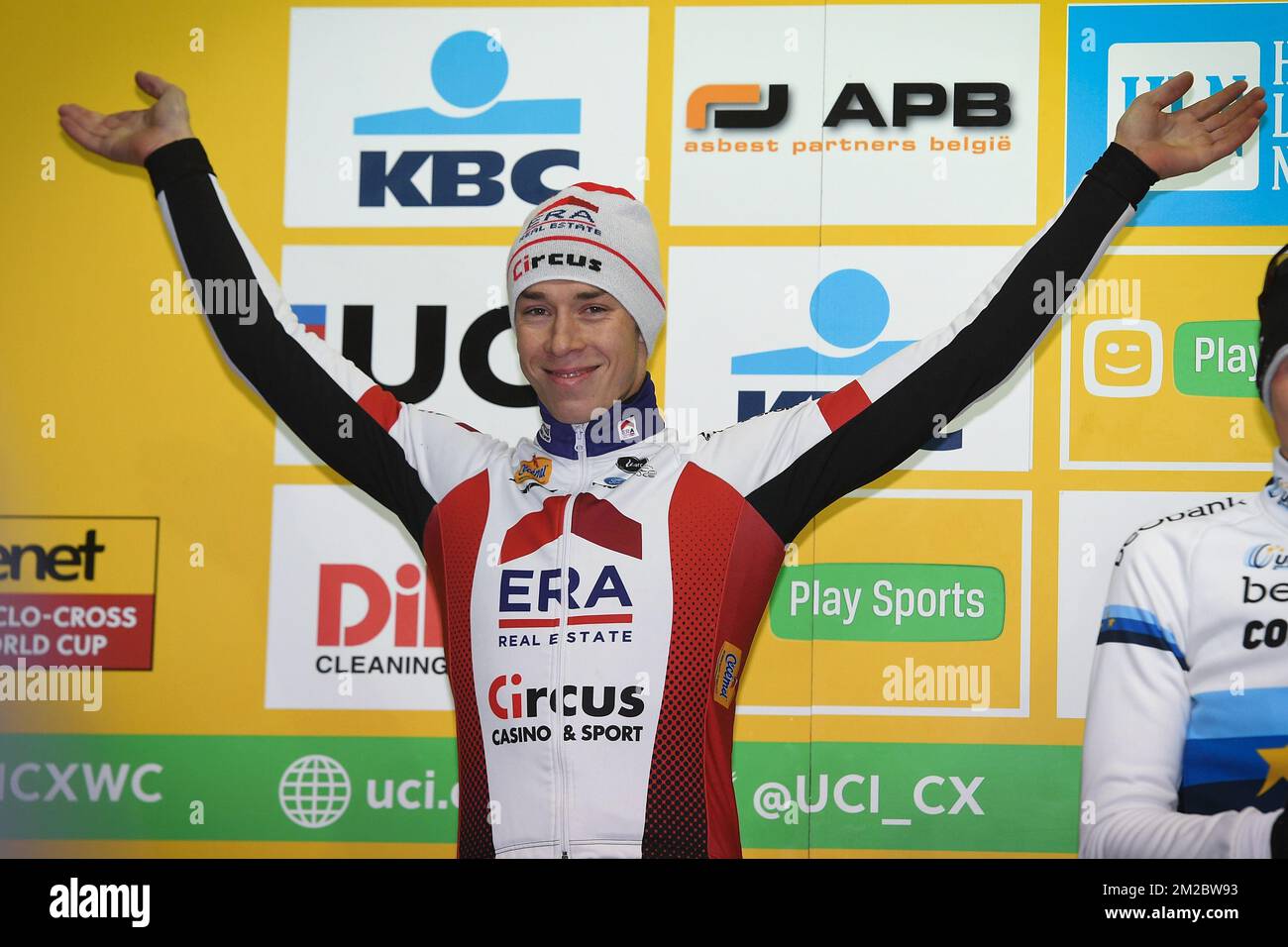 Belgian Laurens Sweeck pictured on the podium after the men Elite race ...
