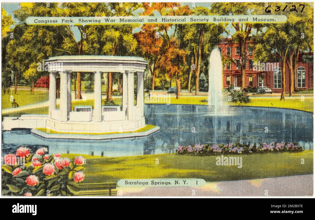 Congress Park, showing war memorial and Historical Society building and ...