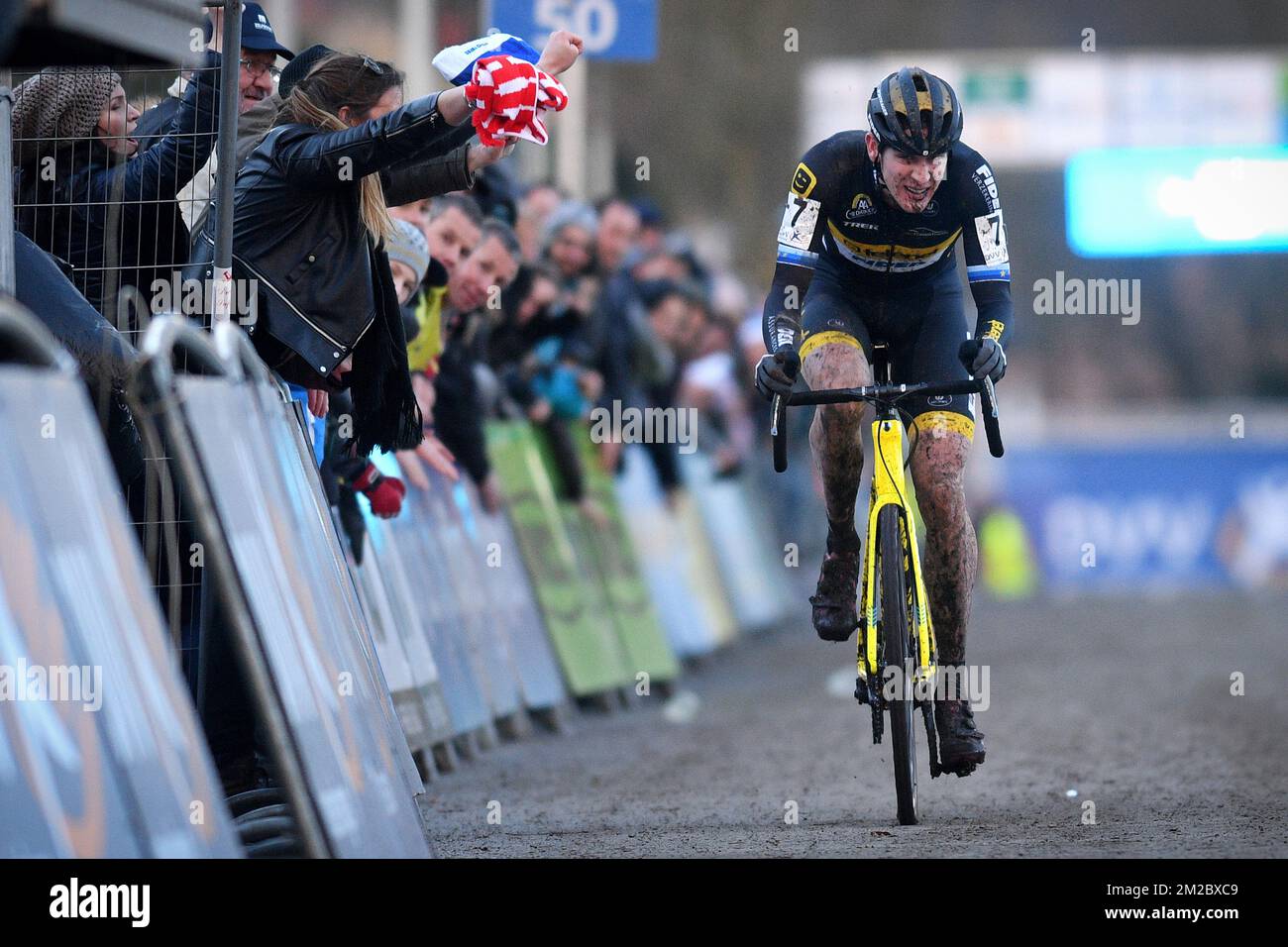 Belgian Toon Aerts crosses the finish line at the men elite race in the ...