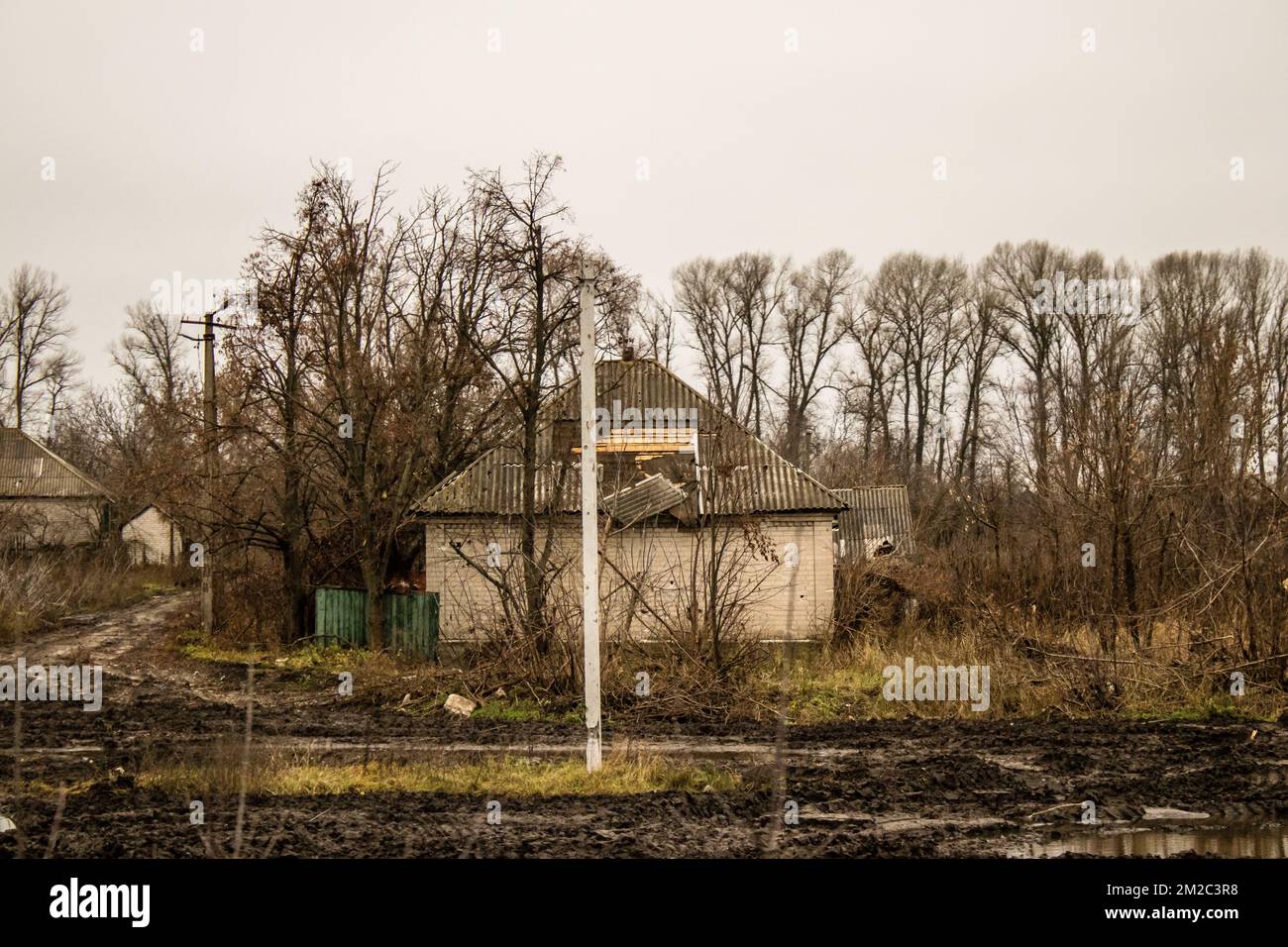 Cityscape of the destroyed village of Terny in the Donbass in Ukraine ...