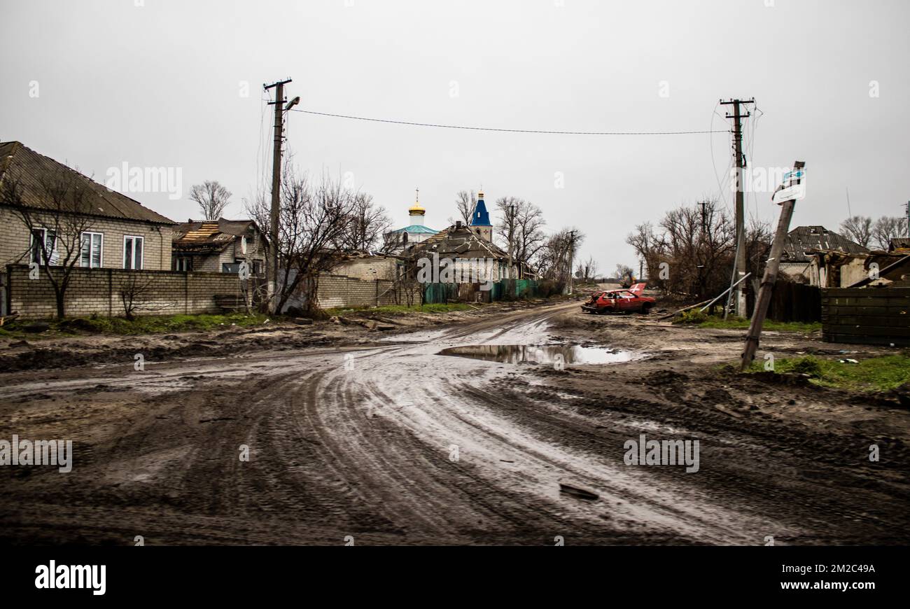 Cityscape of the destroyed village of Terny in the Donbass in Ukraine ...