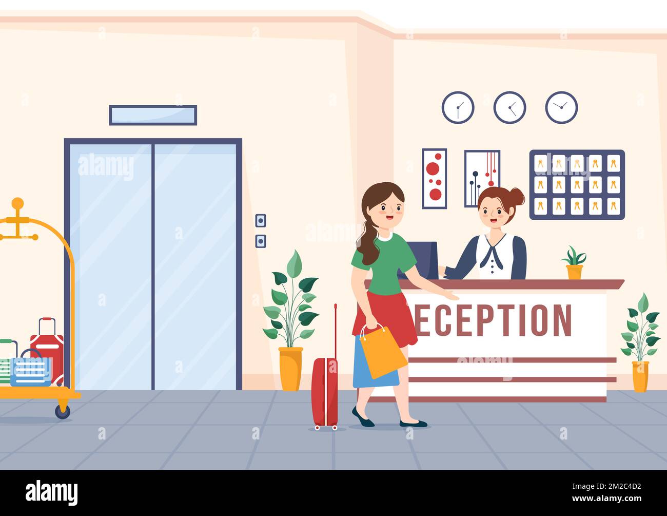 Hotel Reception Interior with Receptionist People and Travelers for ...